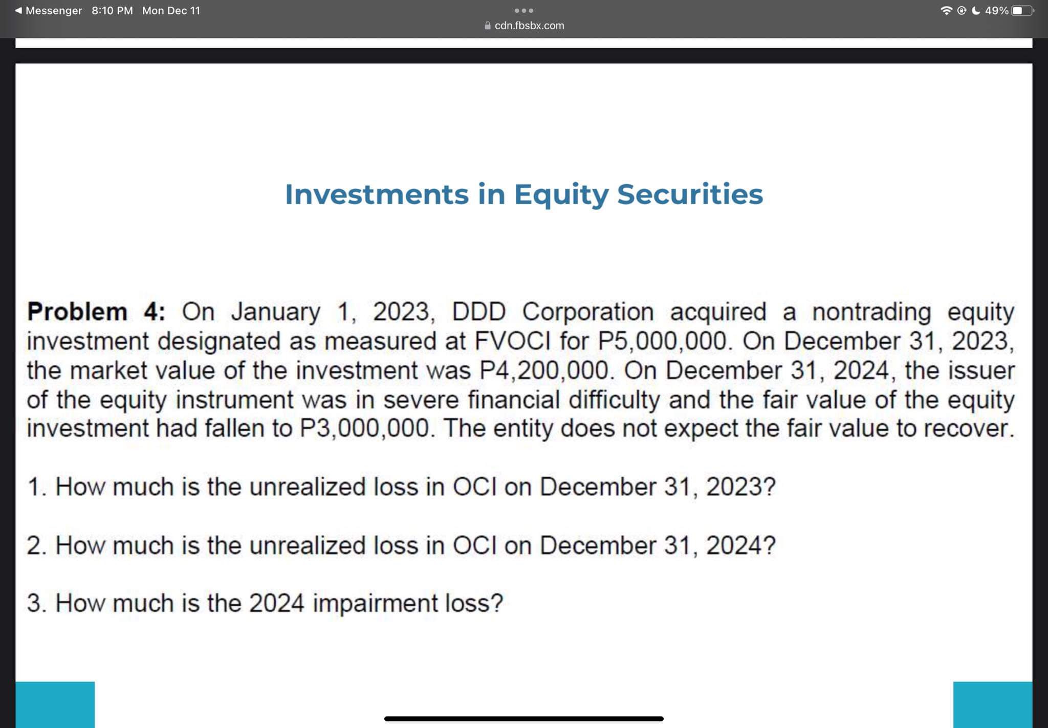 Solved Investments in Equity Securities Problem 4: On | Chegg.com