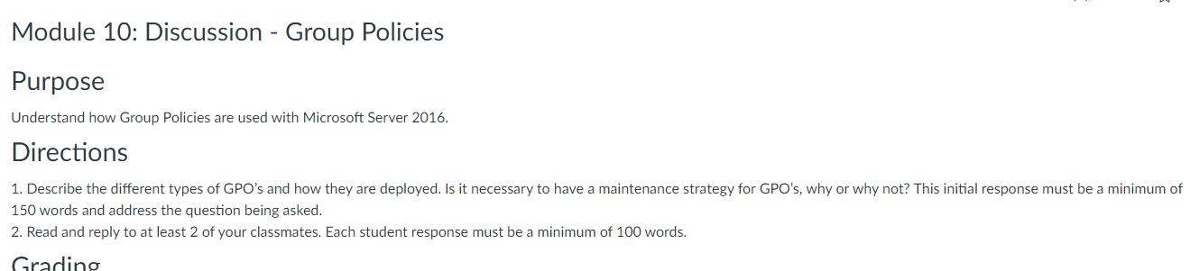 Solved Module 10: Discussion - Group Policies Purpose | Chegg.com