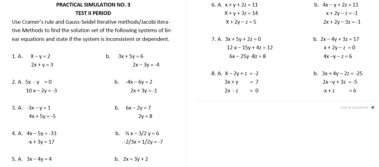 Solved PRACTICAL SIMULATION NO. 3 6. A. x+y + 2z = 11 X + y | Chegg.com