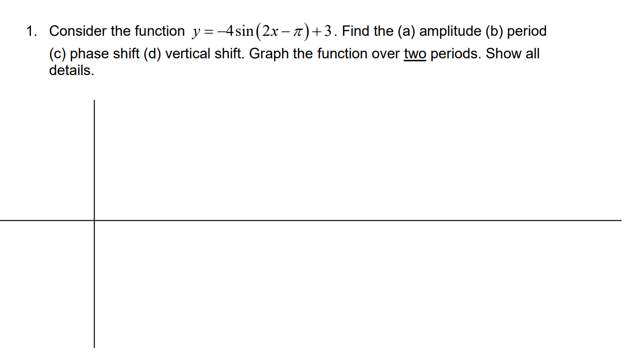 Solved 1. Consider the function y=−4sin(2x−π)+3. Find the | Chegg.com