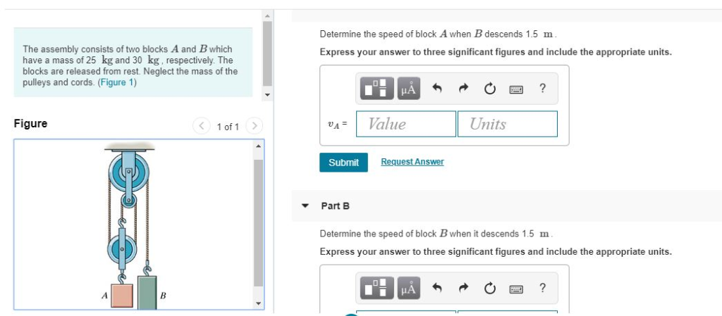 Solved Determine the speed of block A when B descends 1.5 m | Chegg.com