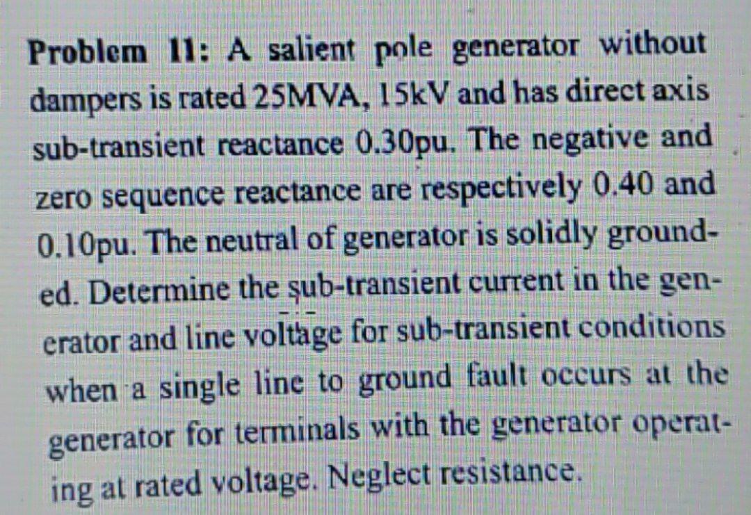 Solved Problem 11: A salient pole generator without dampers | Chegg.com