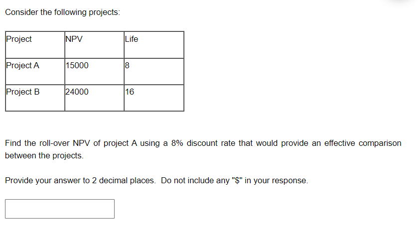 Solved Consider the following projects: Find the roll-over | Chegg.com