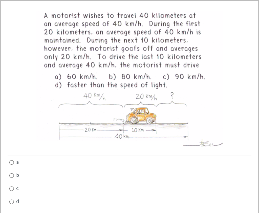 Solved A motorist wishes to travel 40 kilometers at an | Chegg.com