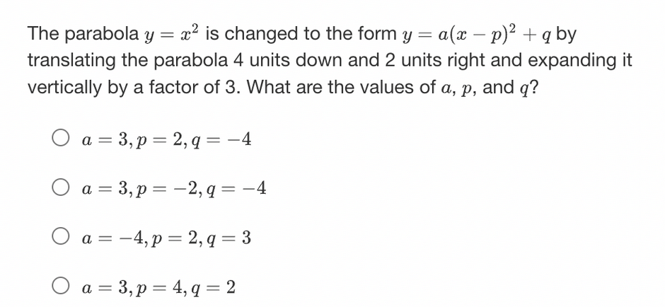 Solved The parabola y=x2 is changed to the form y=a(x−p)2+q | Chegg.com