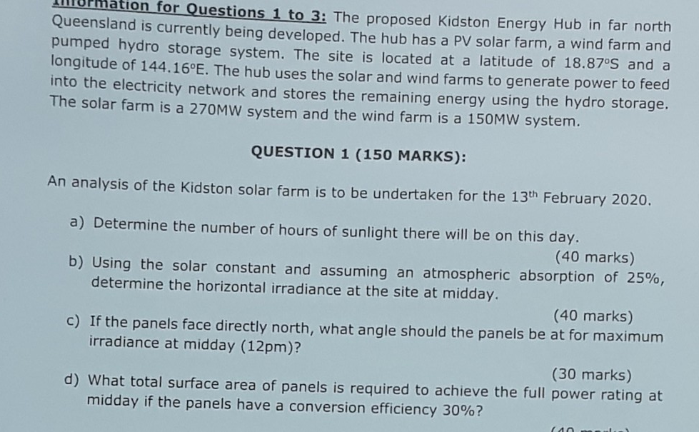 ion for Questions 1 to 3: The proposed Kidston Energy | Chegg.com