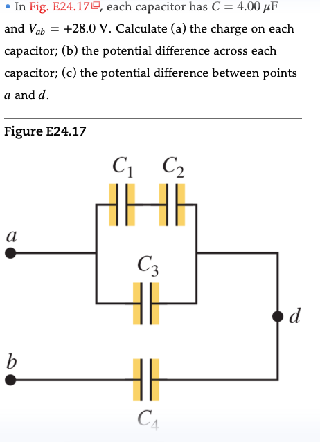 Solved - In Fig. E24.17 , each capacitor has C=4.00μF and | Chegg.com