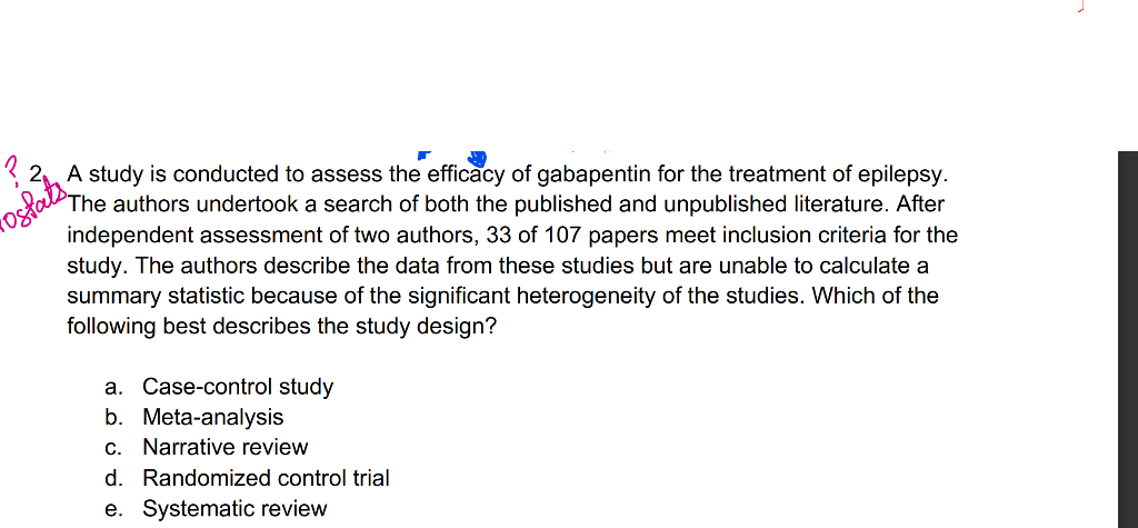 Solved 2 A study is conducted to assess the efficacy of | Chegg.com