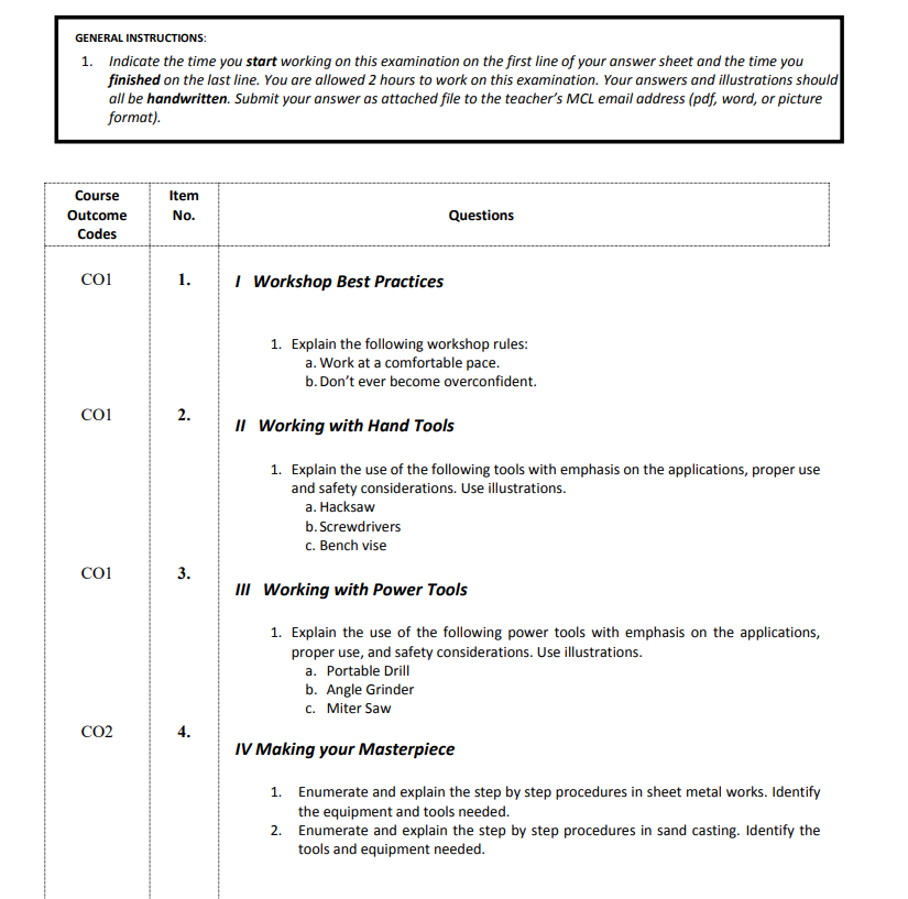 Solved GENERAL INSTRUCTIONS: 1. Indicate the time you start | Chegg.com