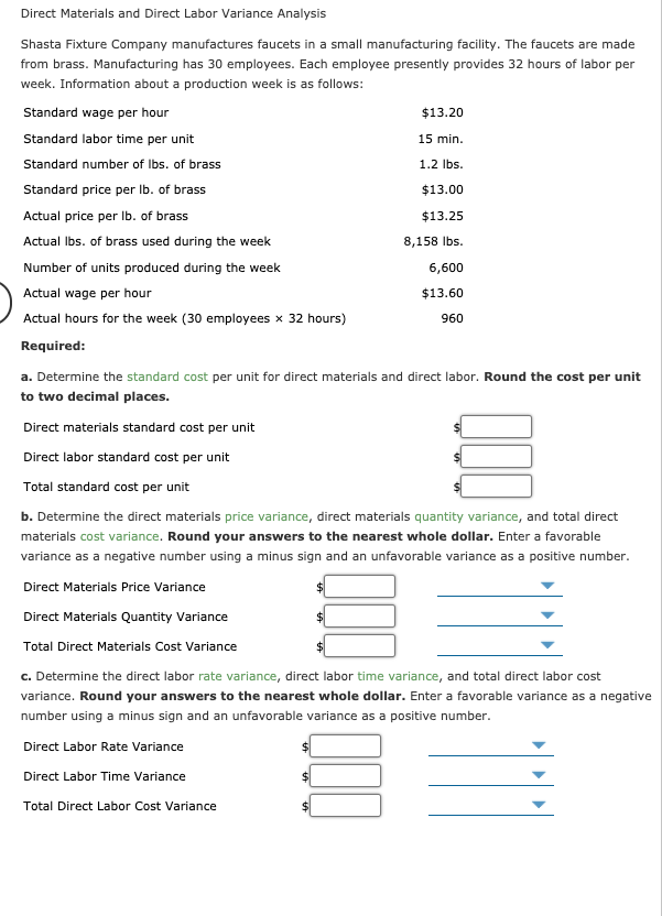 Solved Direct Materials and Direct Labor Variance Analysis | Chegg.com