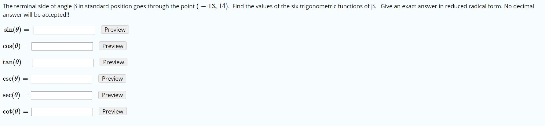 Solved The terminal side of angle B in standard position | Chegg.com