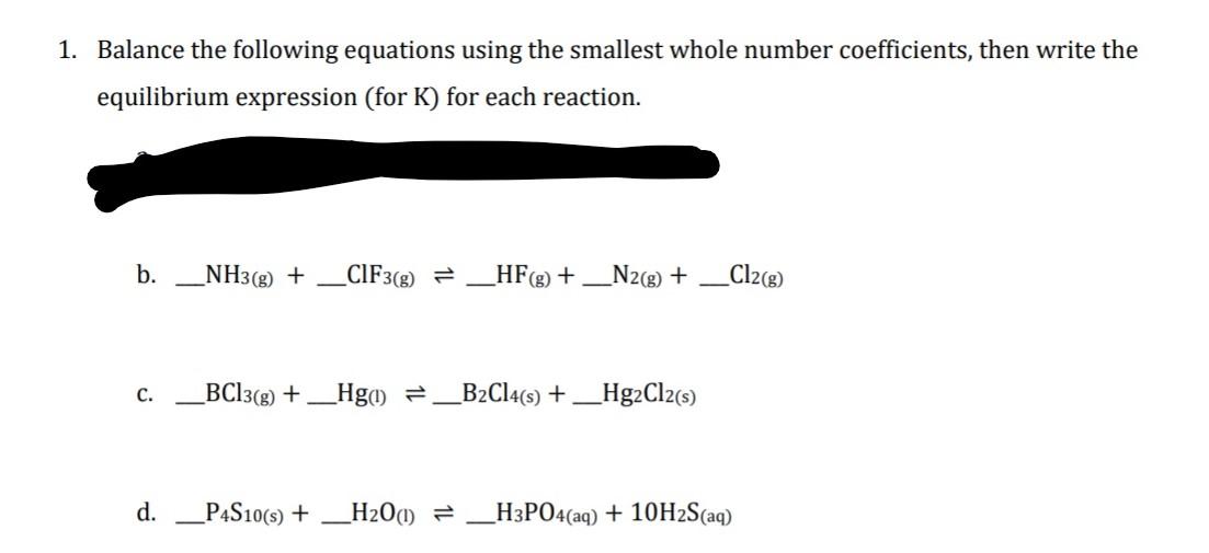 Solved 1. Balance the following equations using the smallest | Chegg.com