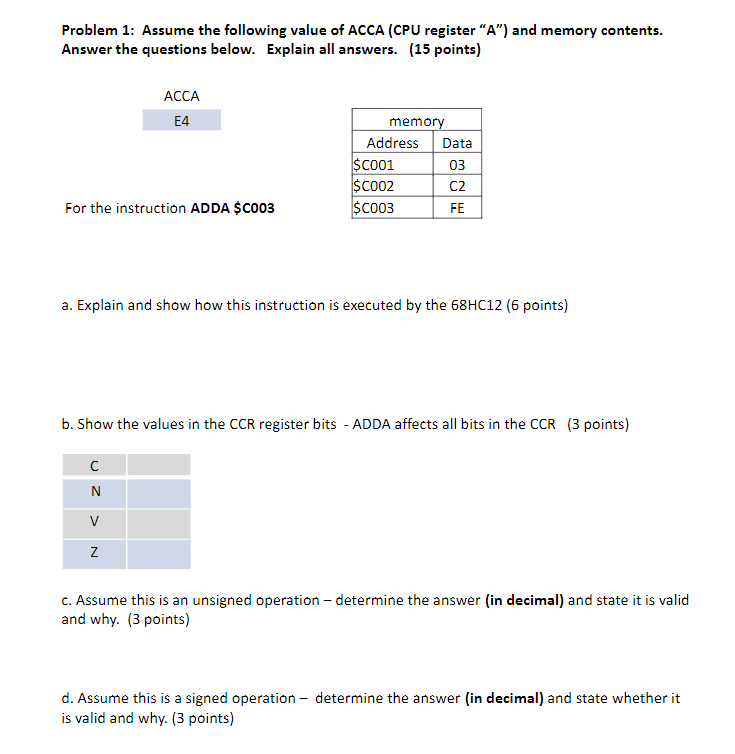 Solved Problem 1: Assume the following value of ACCA (CPU | Chegg.com