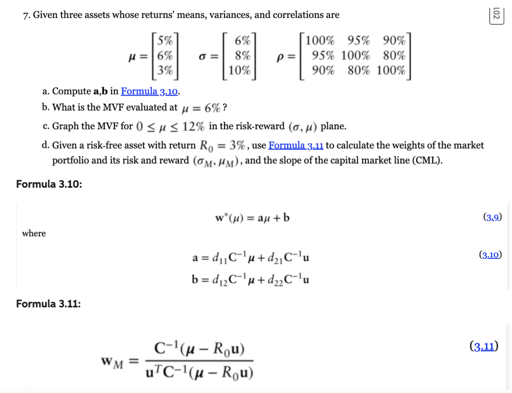Solved 7. Given three assets whose returns' means, | Chegg.com