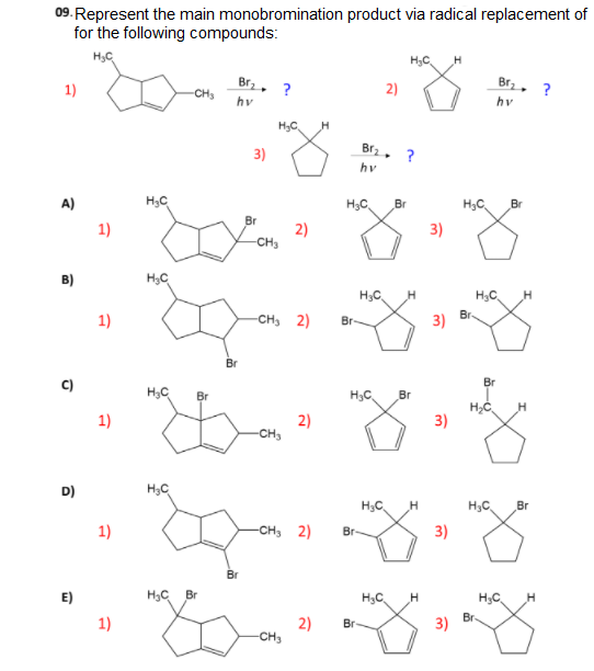 Solved 09. Represent the main monobromination product via | Chegg.com