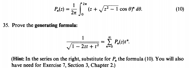 Solved Pn(z)=2π1∫02π(z+z2−1cosθ)ndθ 35. Prove the generating | Chegg.com