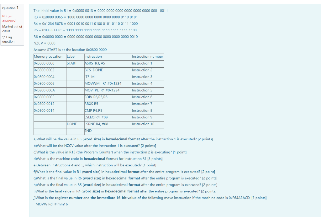 Question 1 The initial value in R1 = Ox0000 0013 = | Chegg.com