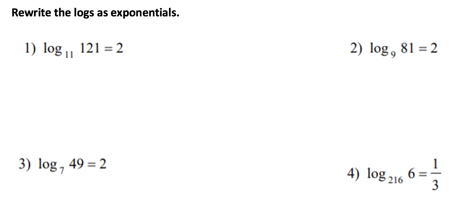 Solved Rewrite the logs as exponentials. 1) log 11 121 = 2 | Chegg.com