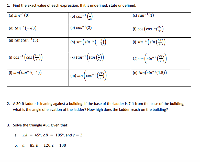 Solved 1. Find the exact value of each expression. If it is | Chegg.com