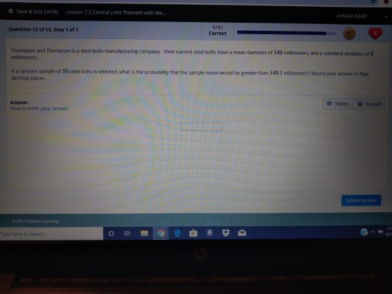 Solved O Save & End Certify Lesson: 7.2 Central Limit | Chegg.com