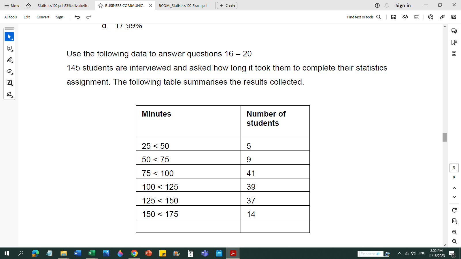 Solved Use the following data to answer questions 16−20 145 | Chegg.com