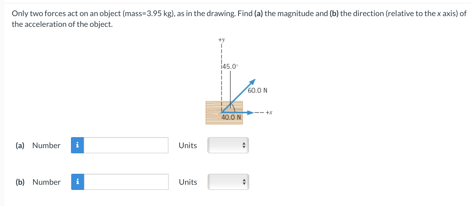 Solved Only Two Forces Act On An Object Mass 3 95 Kg As