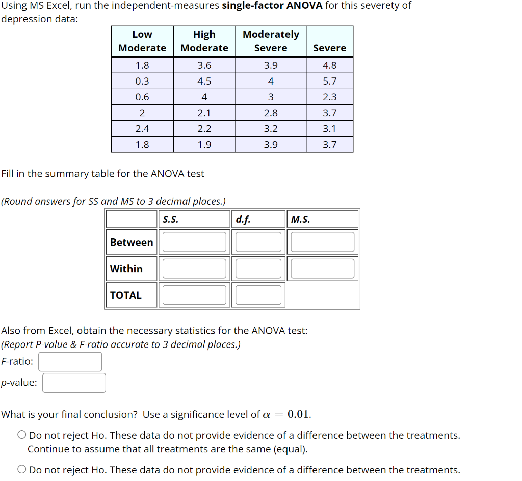 Solved Using MS Excel, run the independent-measures | Chegg.com