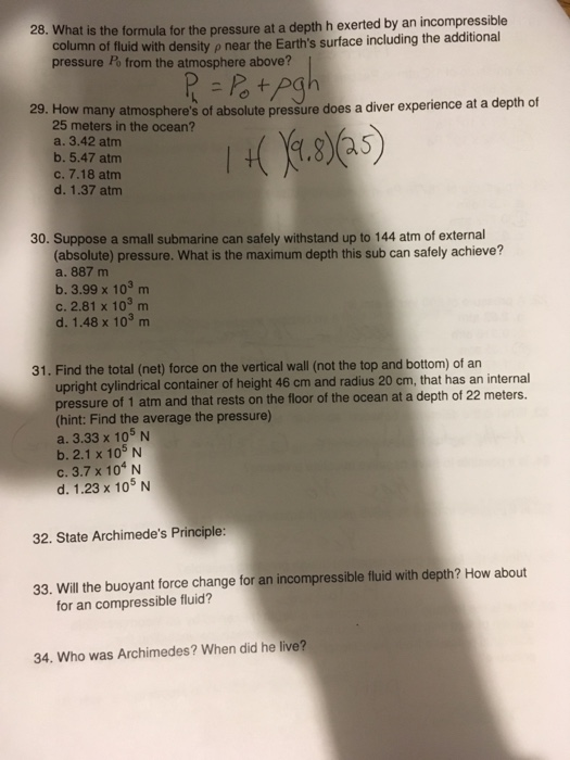 Solved 28. What is the formula for the pressure at a depth h | Chegg.com