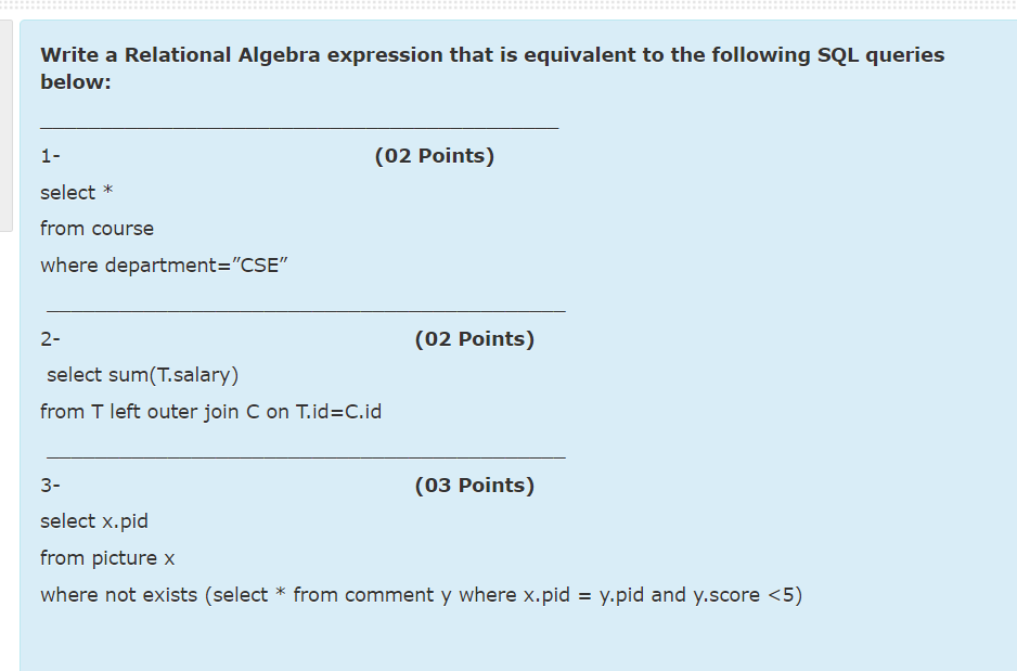 Solved Write a Relational Algebra expression that is | Chegg.com