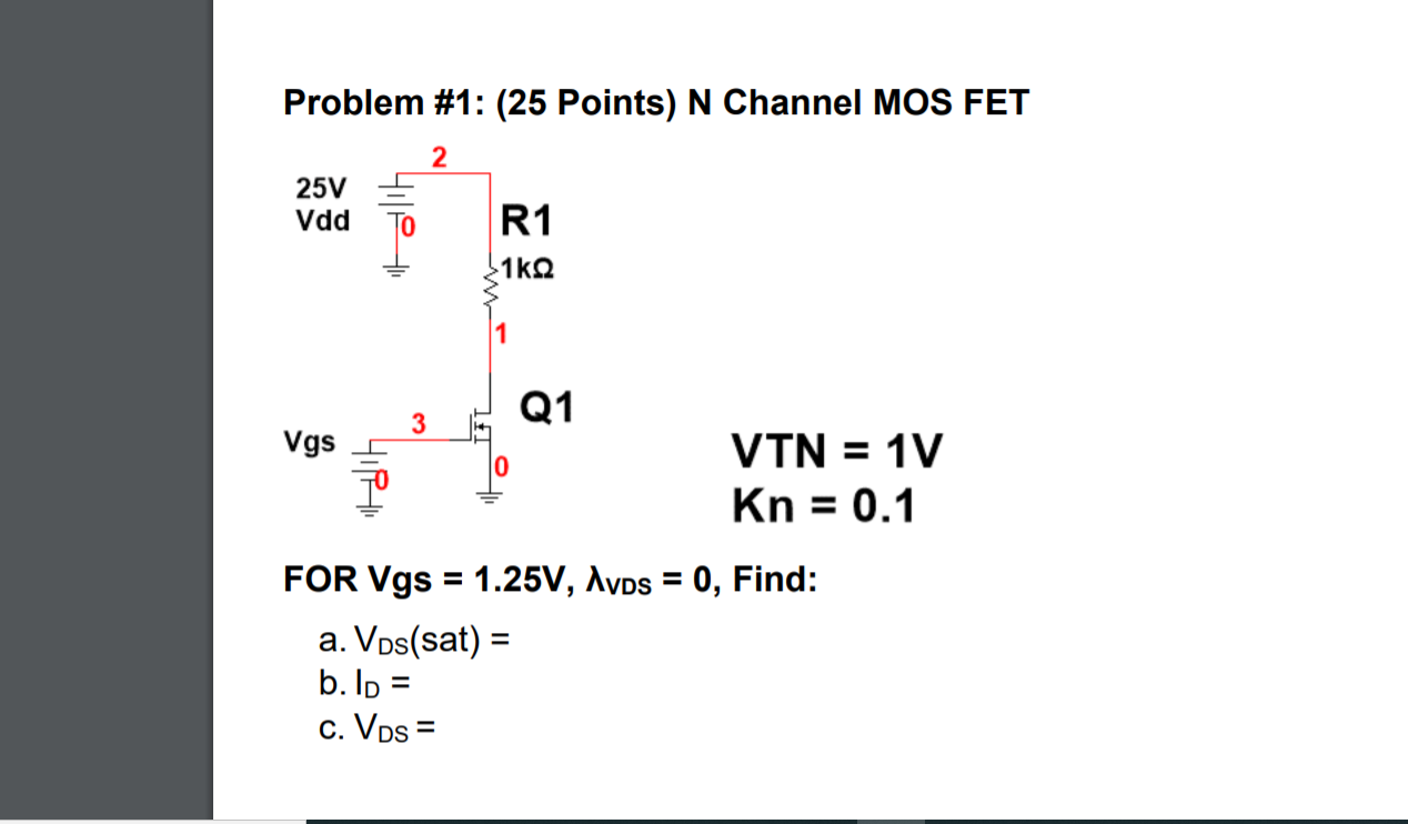 Solved Problem #1: (25 Points) N Channel MOS FET 2 25V Vdd | Chegg.com