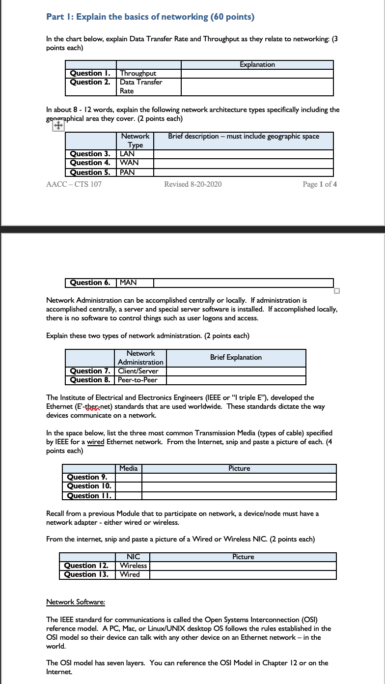 Solved Part 1: Explain the basics of networking (60 points) | Chegg.com