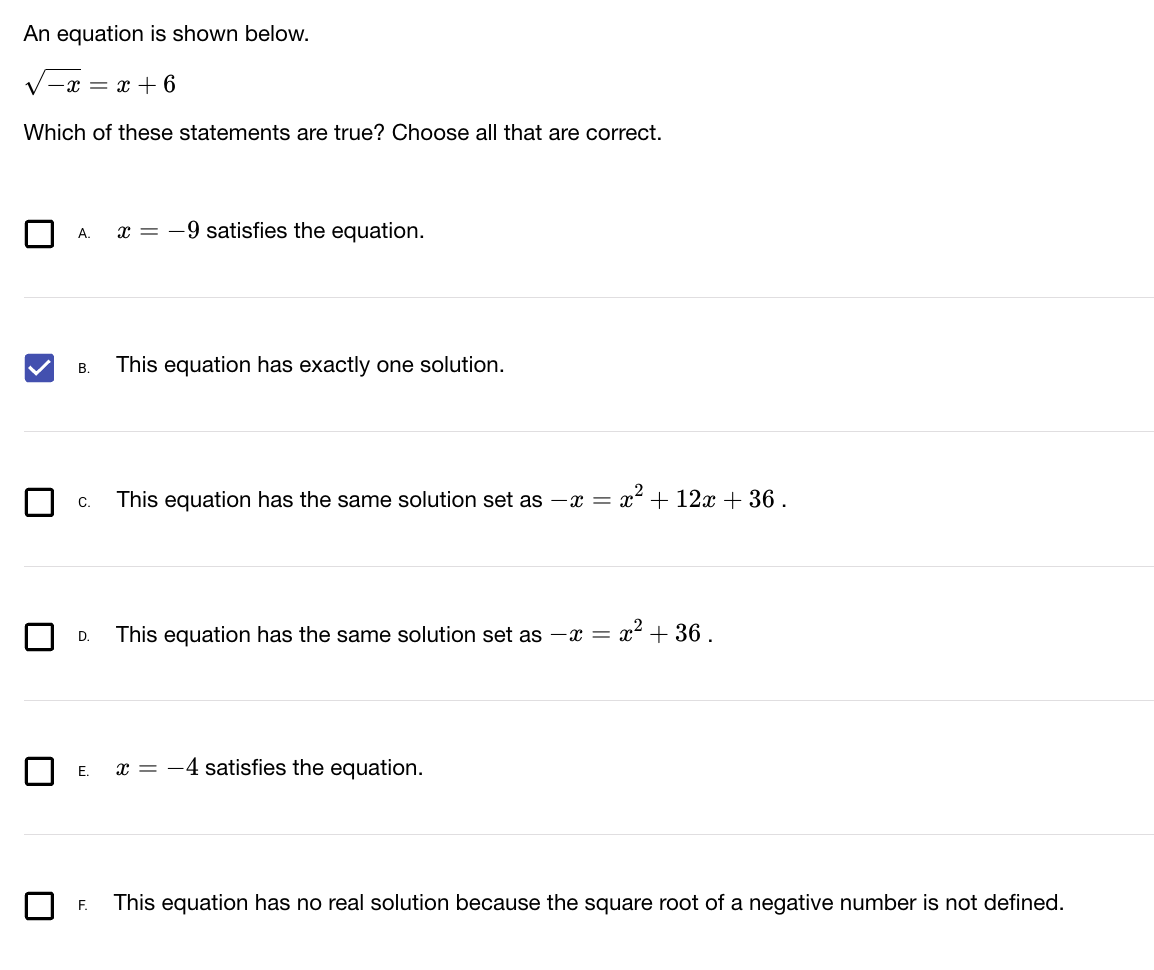 Solved An equation is shown below. −x=x+6 Which of these | Chegg.com