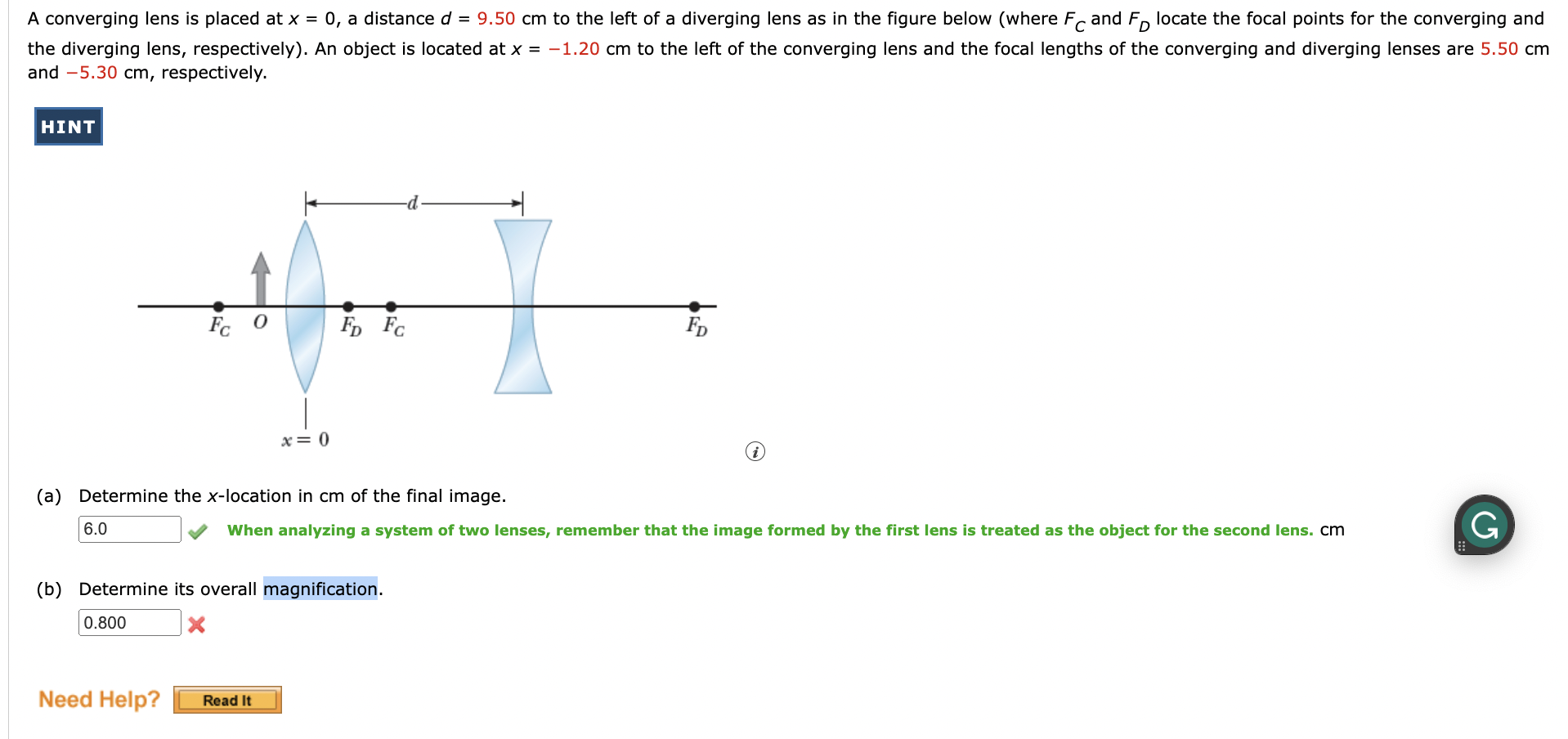 Solved A converging lens is placed at x=0, a distance d=9.50 | Chegg.com