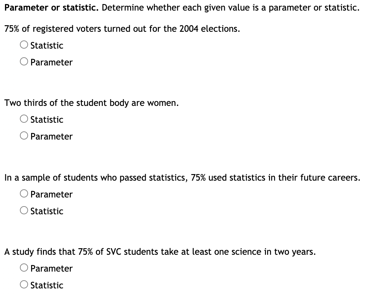 Solved Parameter or statistic. Determine whether each given | Chegg.com
