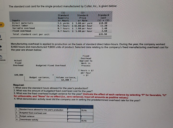 Solved The standard cost card for the single product | Chegg.com