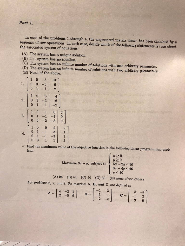 Solved Part 1 In each of the problems 1 through 4, the | Chegg.com