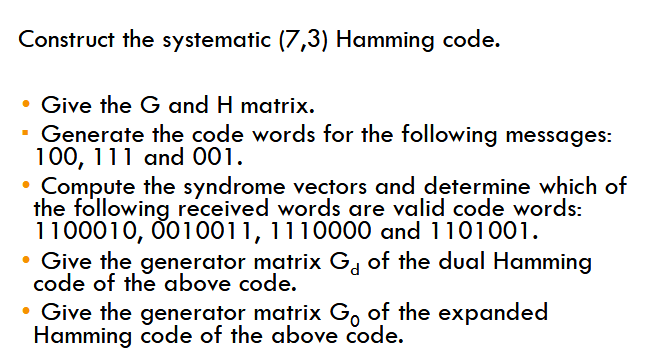 Construct the systematic (7,3) Hamming code. Give the | Chegg.com