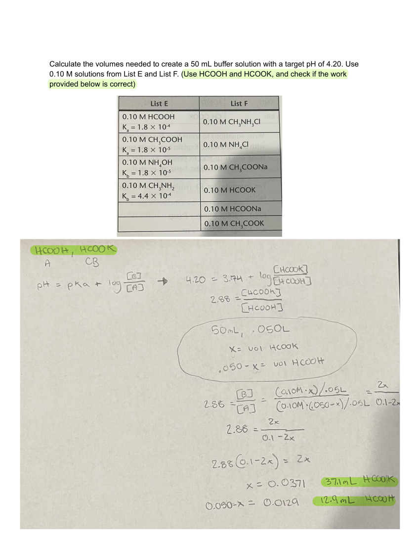 Calculate the volumes needed to create a 50 mL buffer | Chegg.com