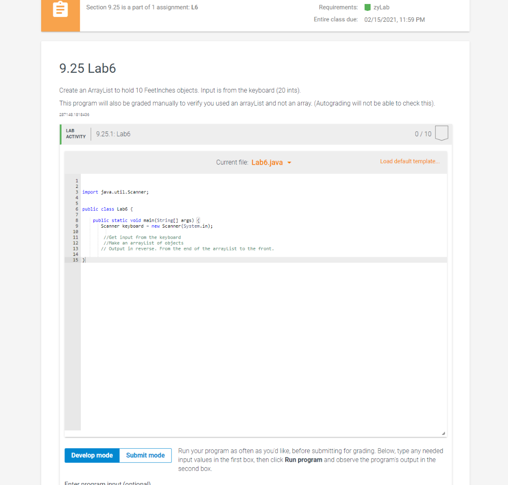 Solved 9.25 Lab6 Create an ArrayList to hold 10 Feetinches | Chegg.com