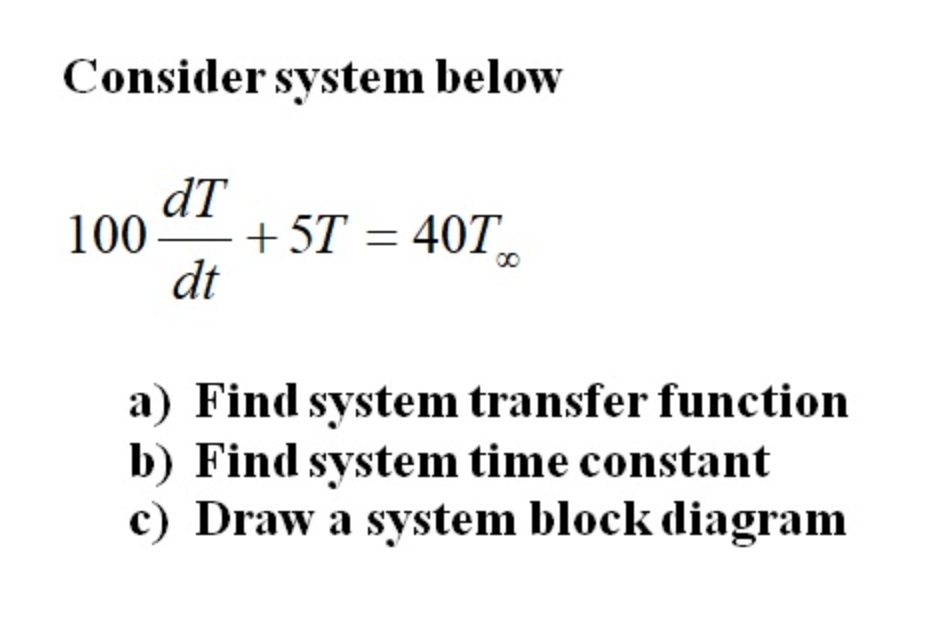 Solved Consider system below 100dtdT+5T=40T∞ a) Find system | Chegg.com