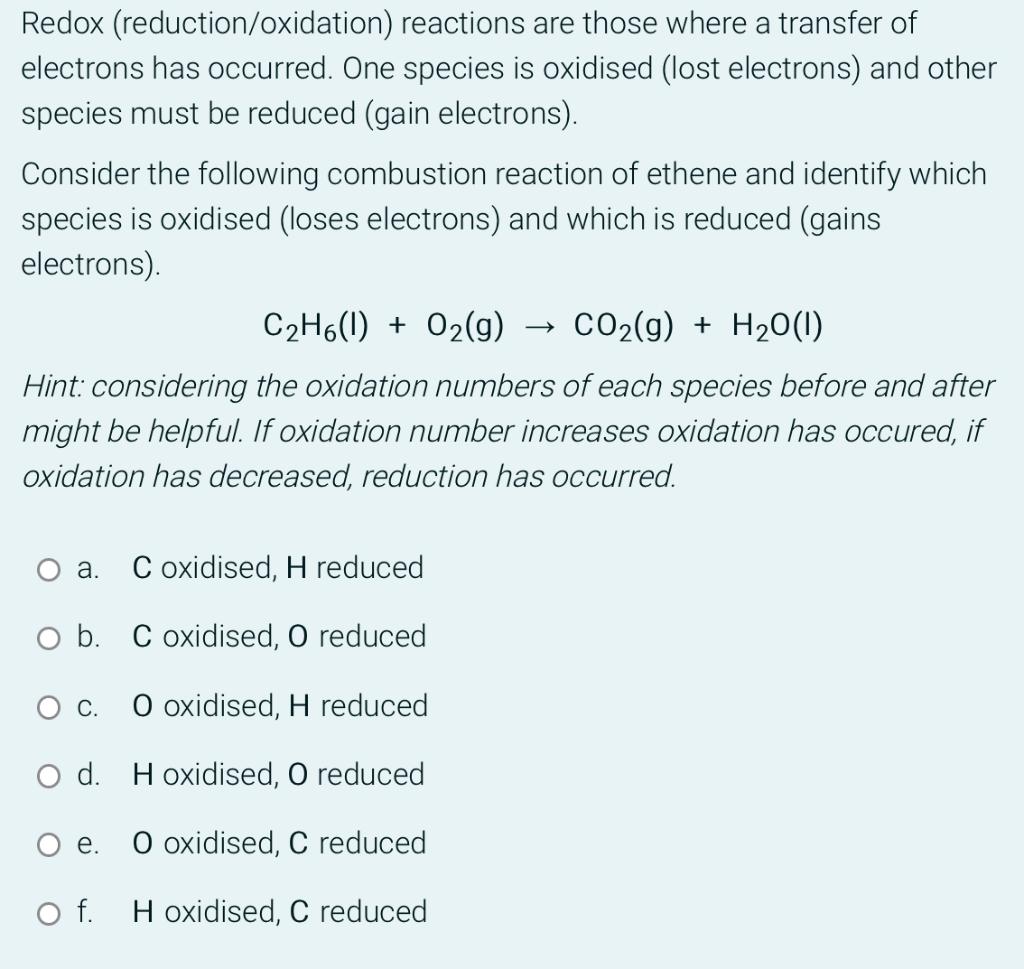 Solved Redox (reduction/oxidation) reactions are those where | Chegg.com