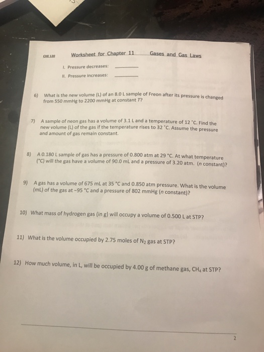 Solved for Chapter 11 Gases and Gas Laws CHIL 120 Worksheet | Chegg.com