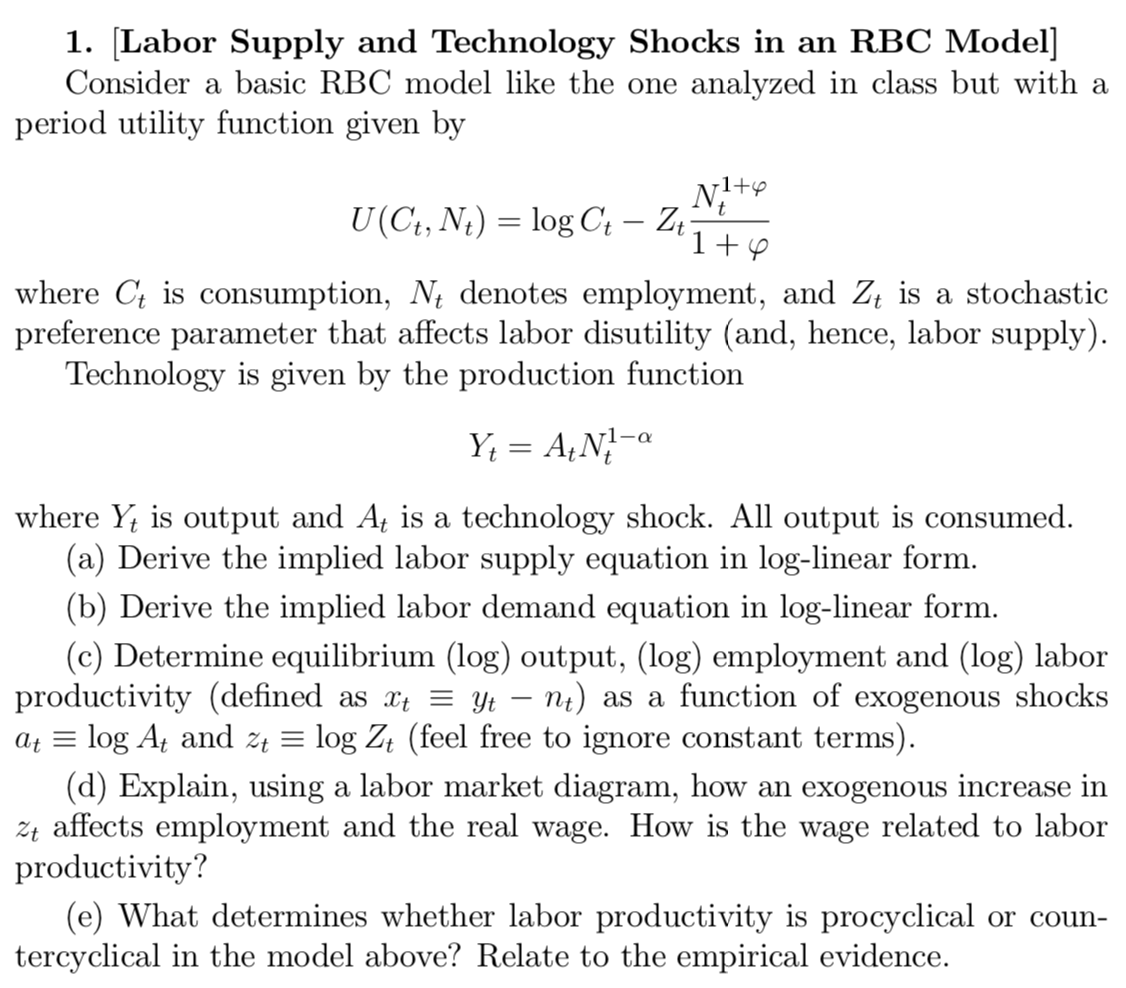 1. (Labor Supply and Technology Shocks in an RBC | Chegg.com