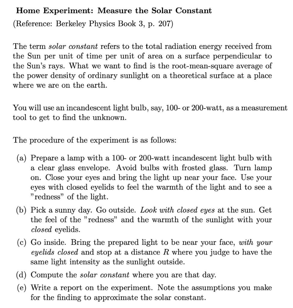 Home Experiment: Measure the Solar Constant | Chegg.com