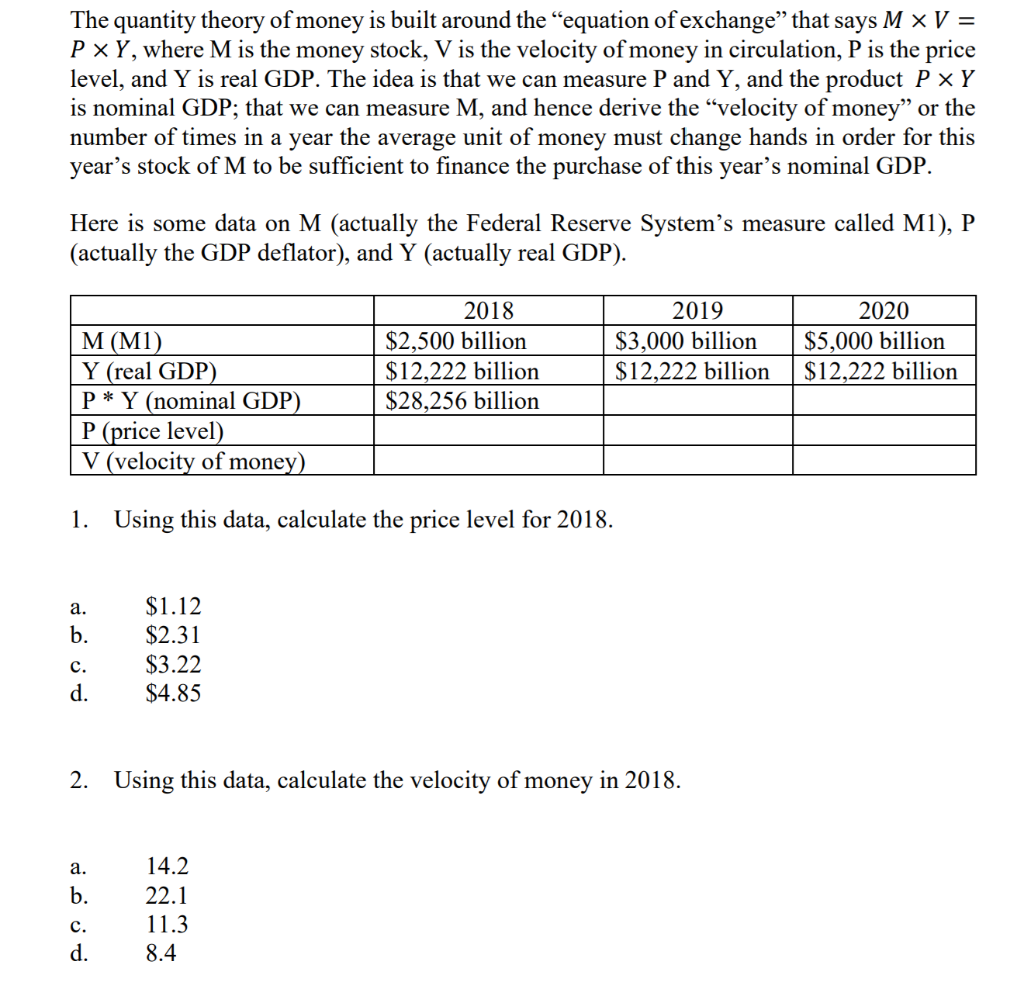 Solved The quantity theory of money is built around the | Chegg.com