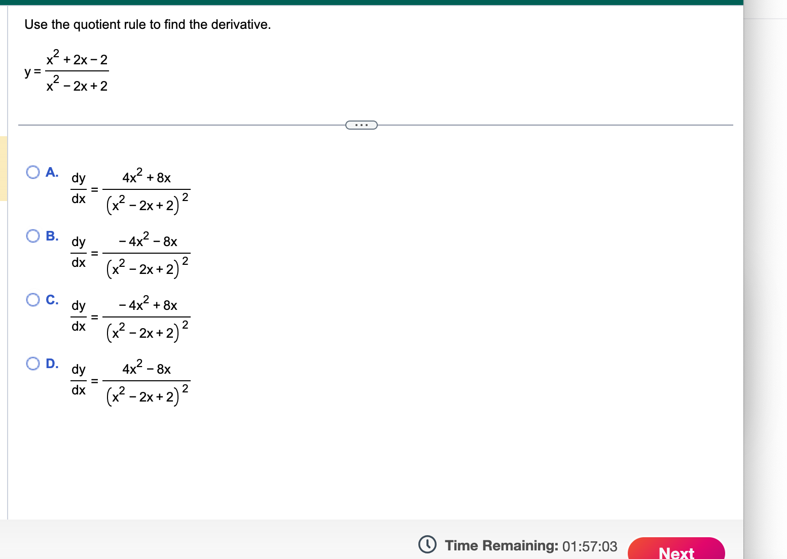 Solved Use the quotient rule to find the | Chegg.com