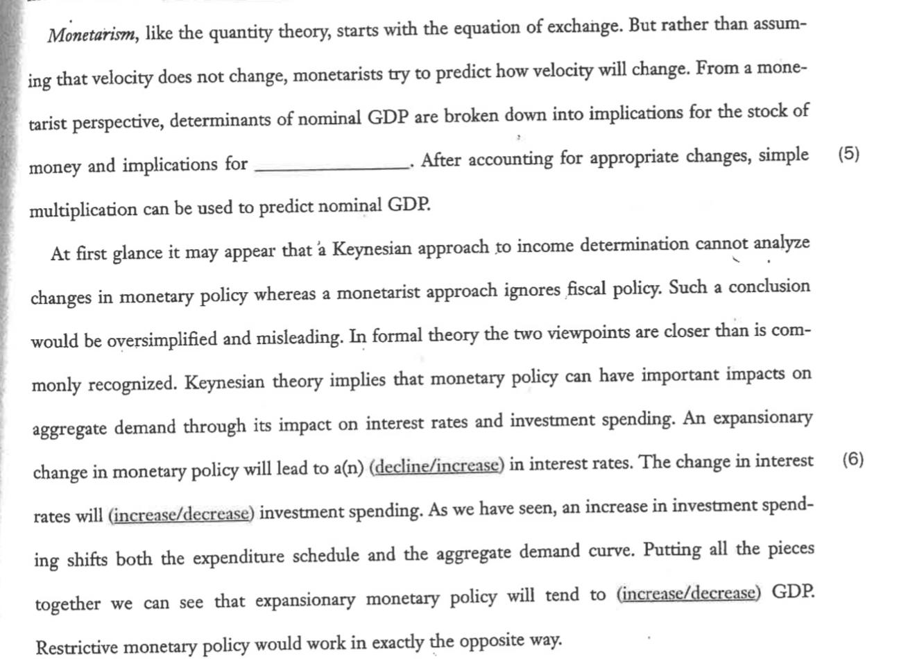 Solved Monetarism, like the quantity theory, starts with the | Chegg.com