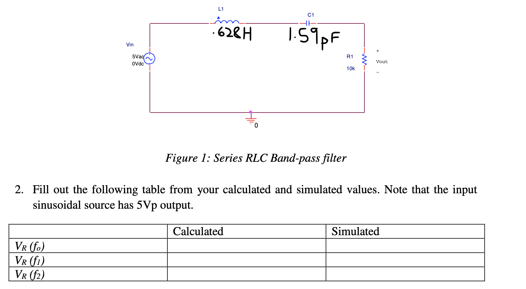 Solved L1 C1 .628H 1:59pF Vin + 5Vac R1 Vout OVdc w 10k | Chegg.com