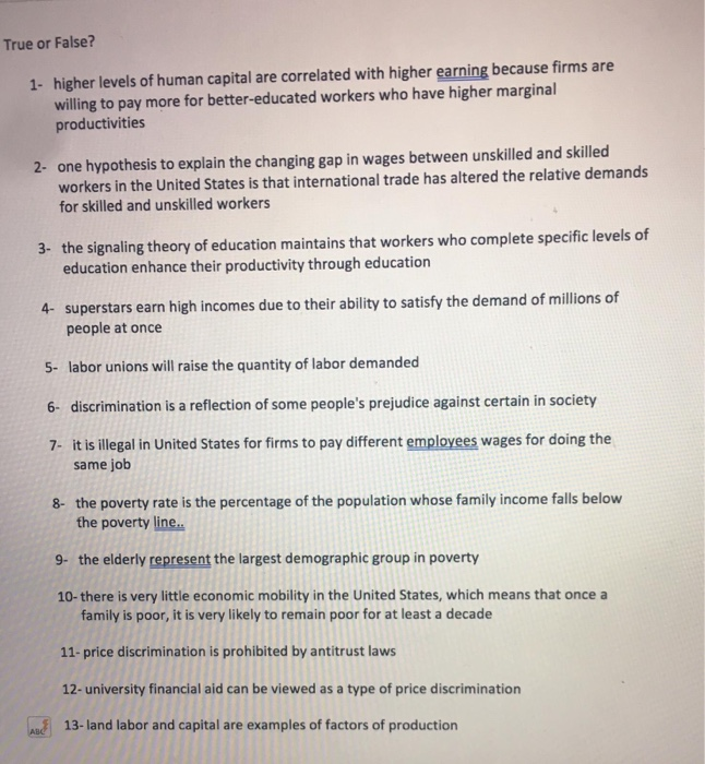 Solved True or False? higher levels of human capital are | Chegg.com