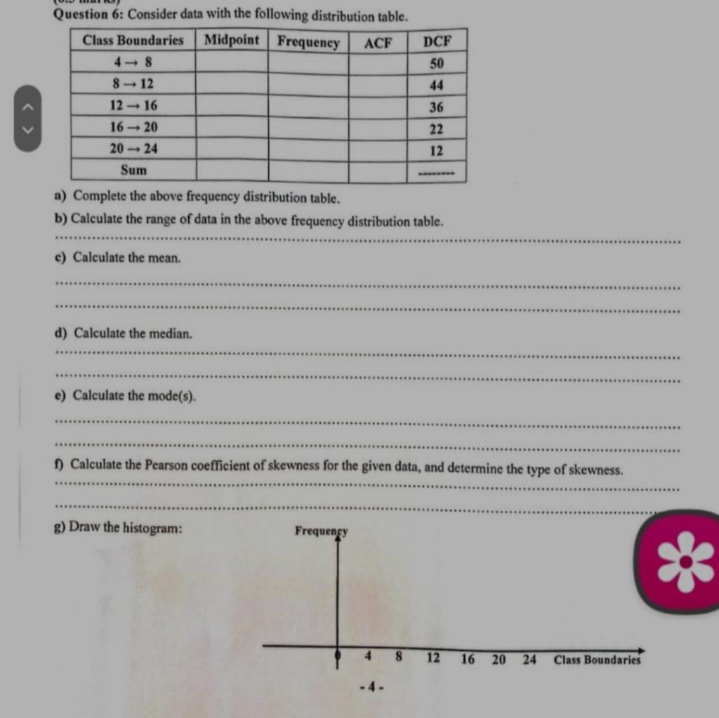 Solved Question 6: Consider data with the following | Chegg.com